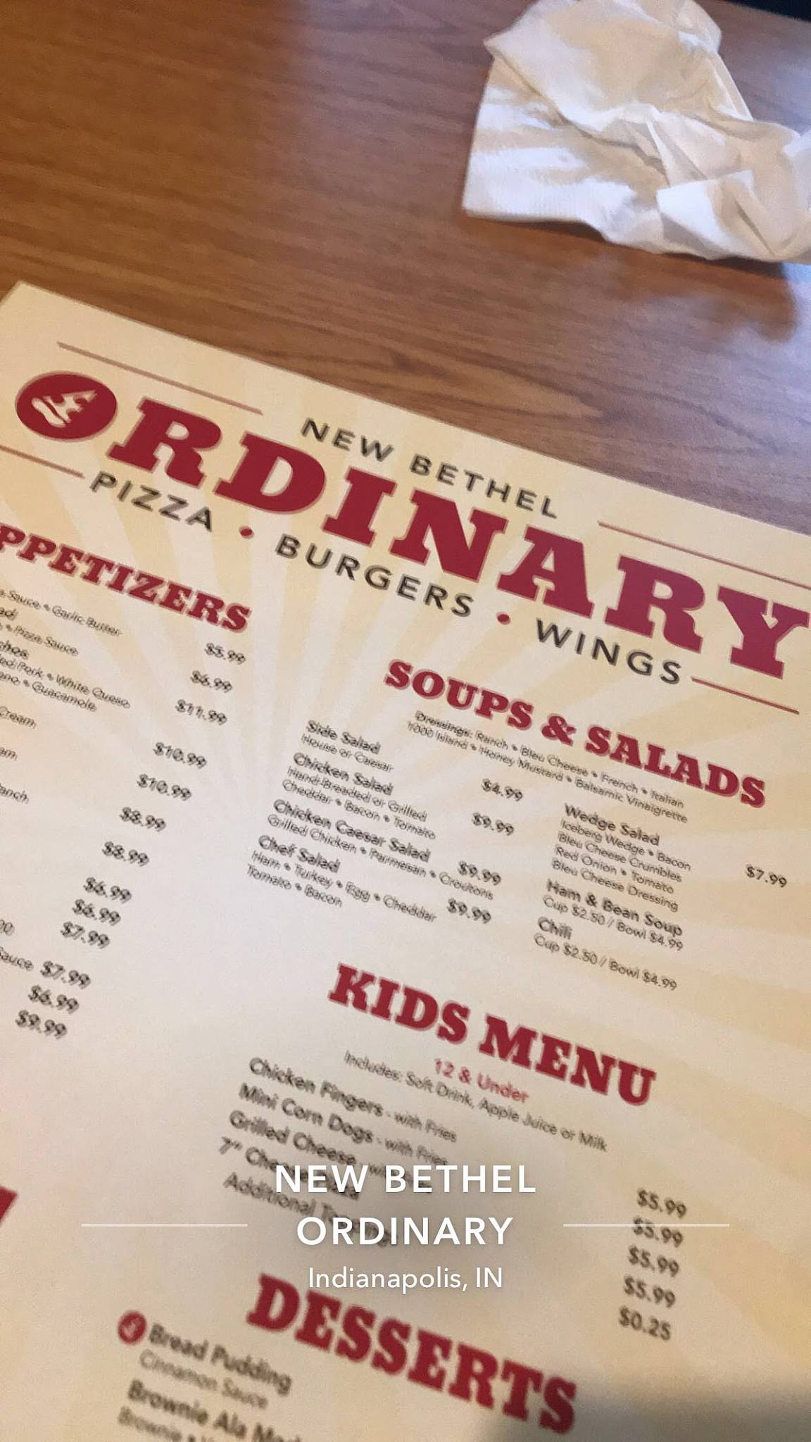 Menu at New Bethel Ordinary pizzeria, Indianapolis, Southeastern Ave