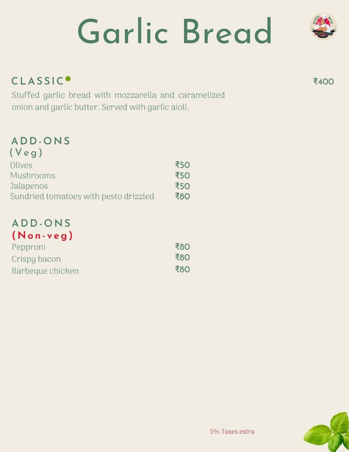 Menu at The Basil Box, New Delhi, 3rd floor