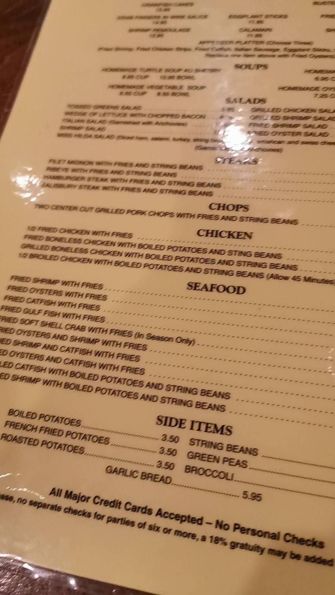 Menu at Mandina's Restaurant, New Orleans