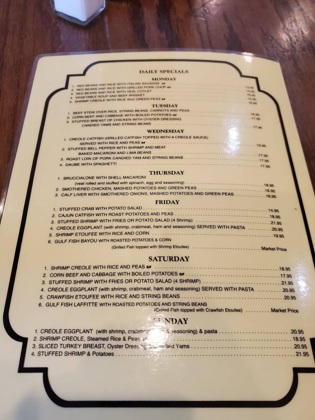 Menu at Mandina's Restaurant, New Orleans