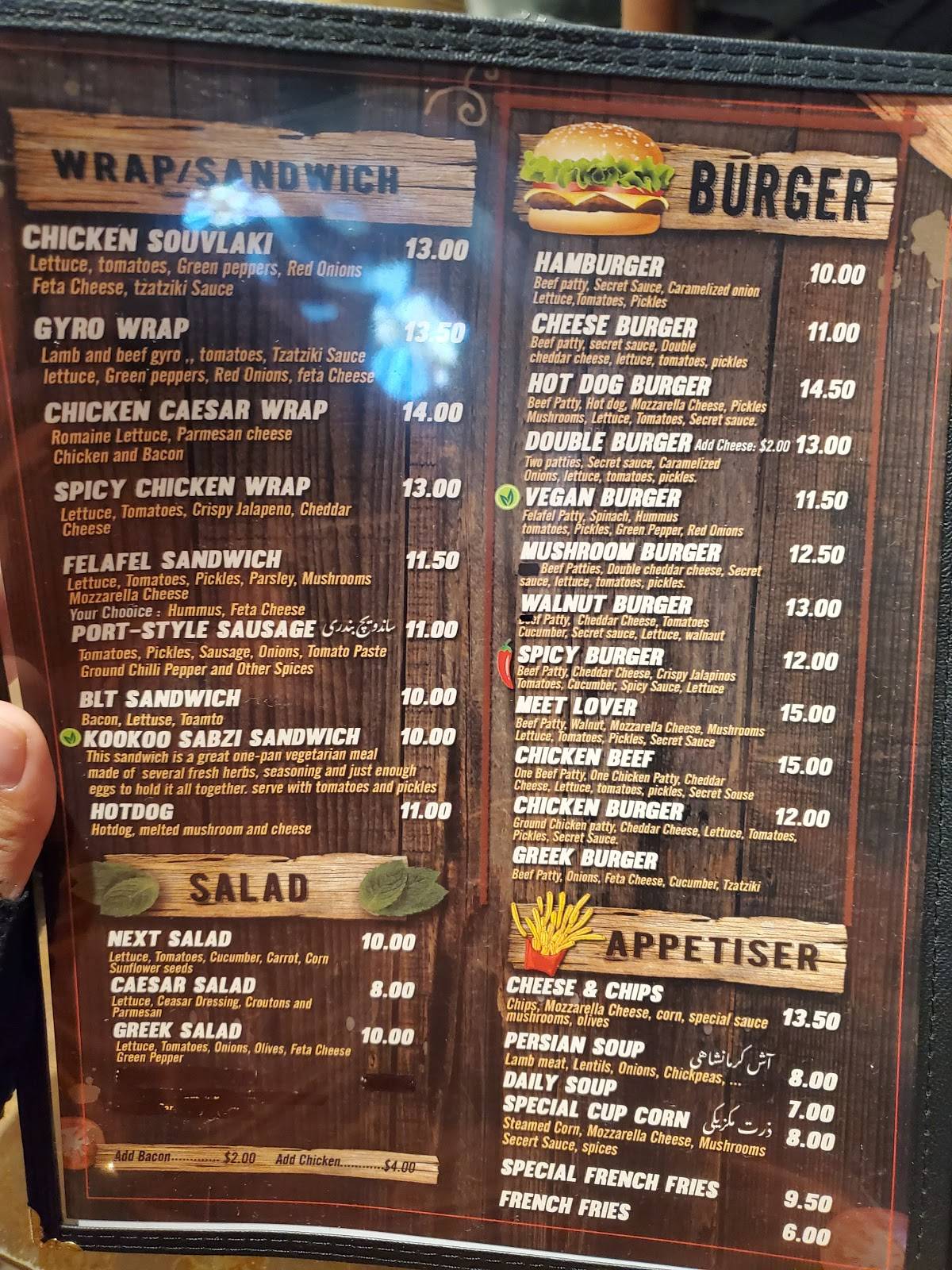 Menu at Next Stop Cafe, Winnipeg
