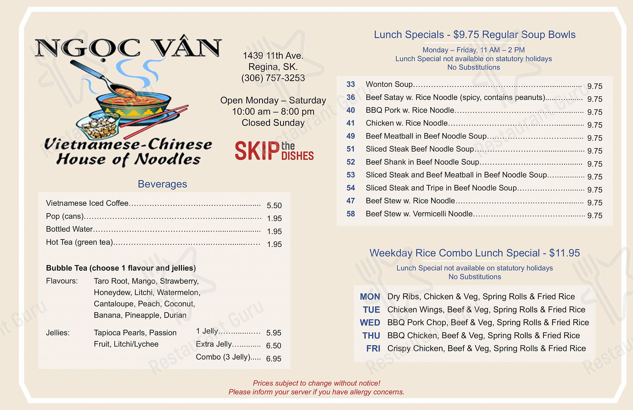 Menu at Ngoc Van restaurant, Regina