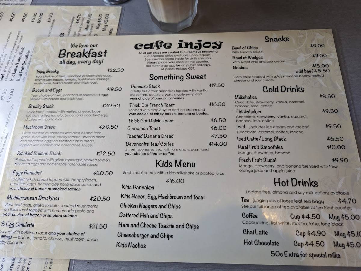 Menu at Cafe Injoy, Nicholls
