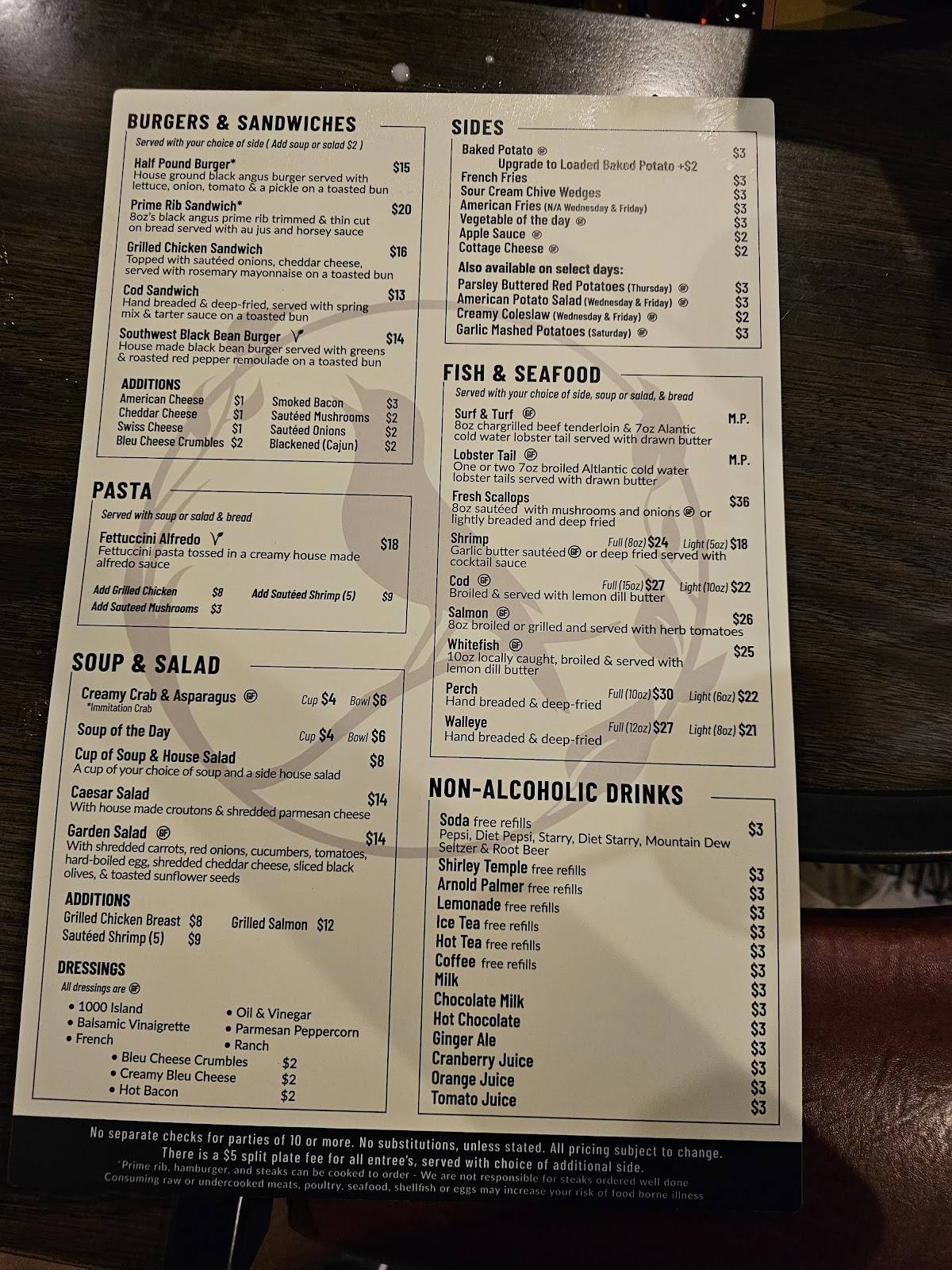 Menu at Nightingale Supper Club, Sturgeon Bay