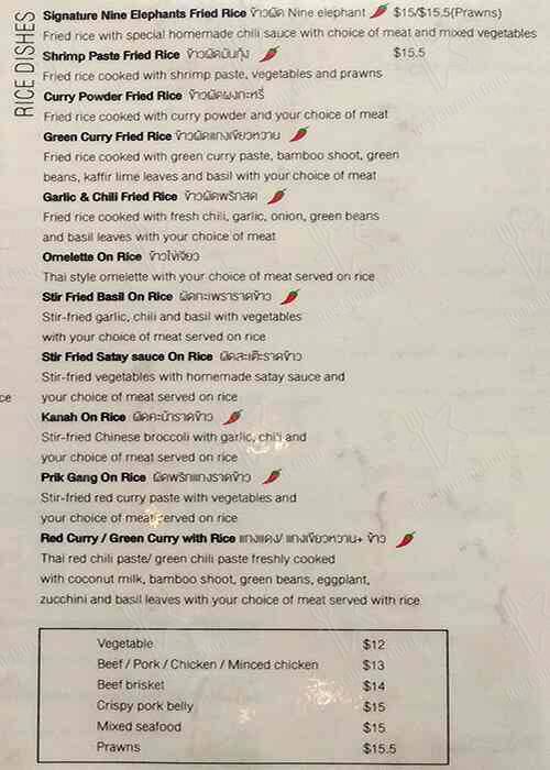 Menu at Nine Elephants Thai Restaurant, Docklands