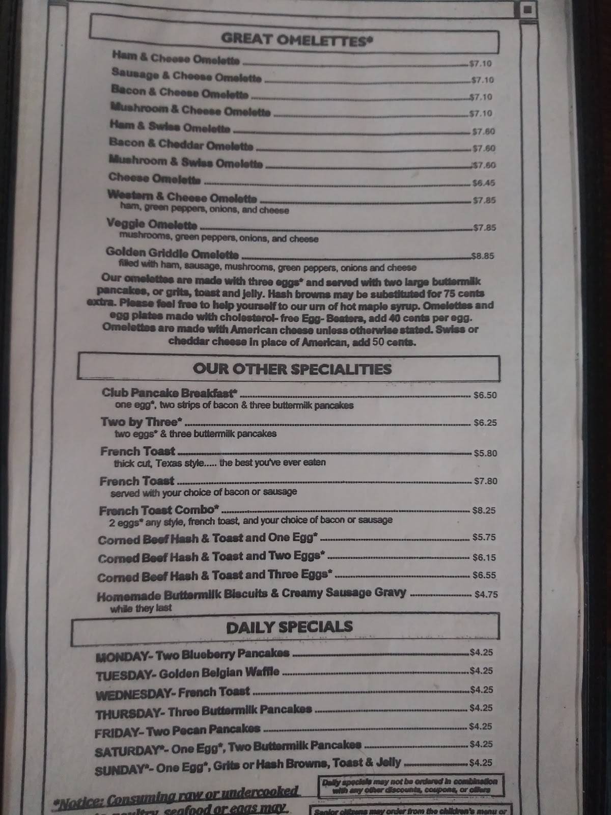 Menu at Golden Griddle Pancake House restaurant, North Myrtle Beach