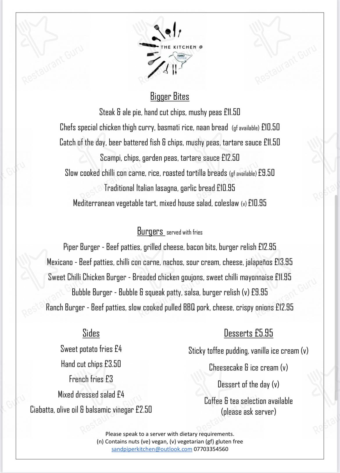 Menu at The Sandpiper pub & bar, North Shields