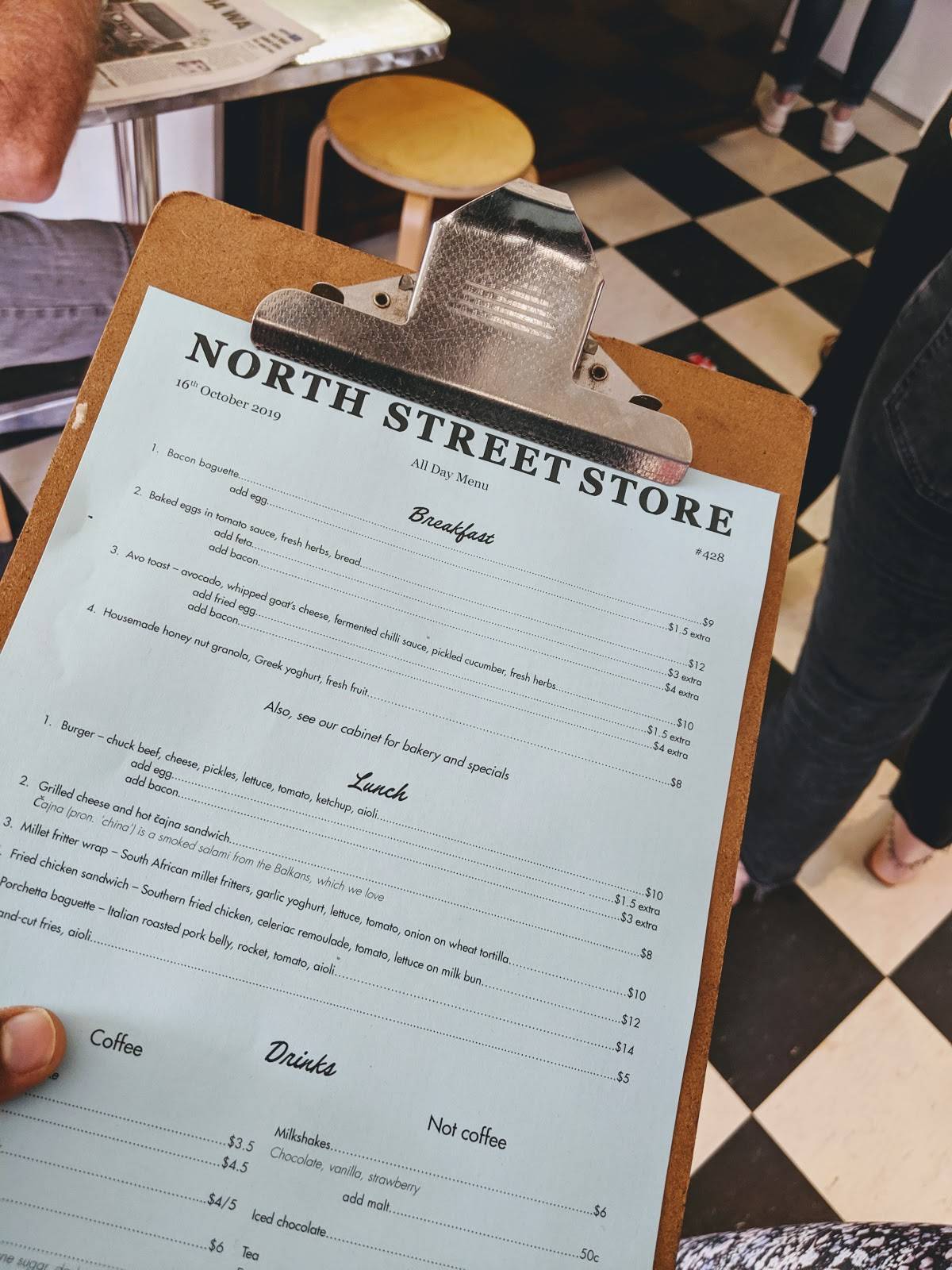 Menu at North Street Store cafe, Cottesloe