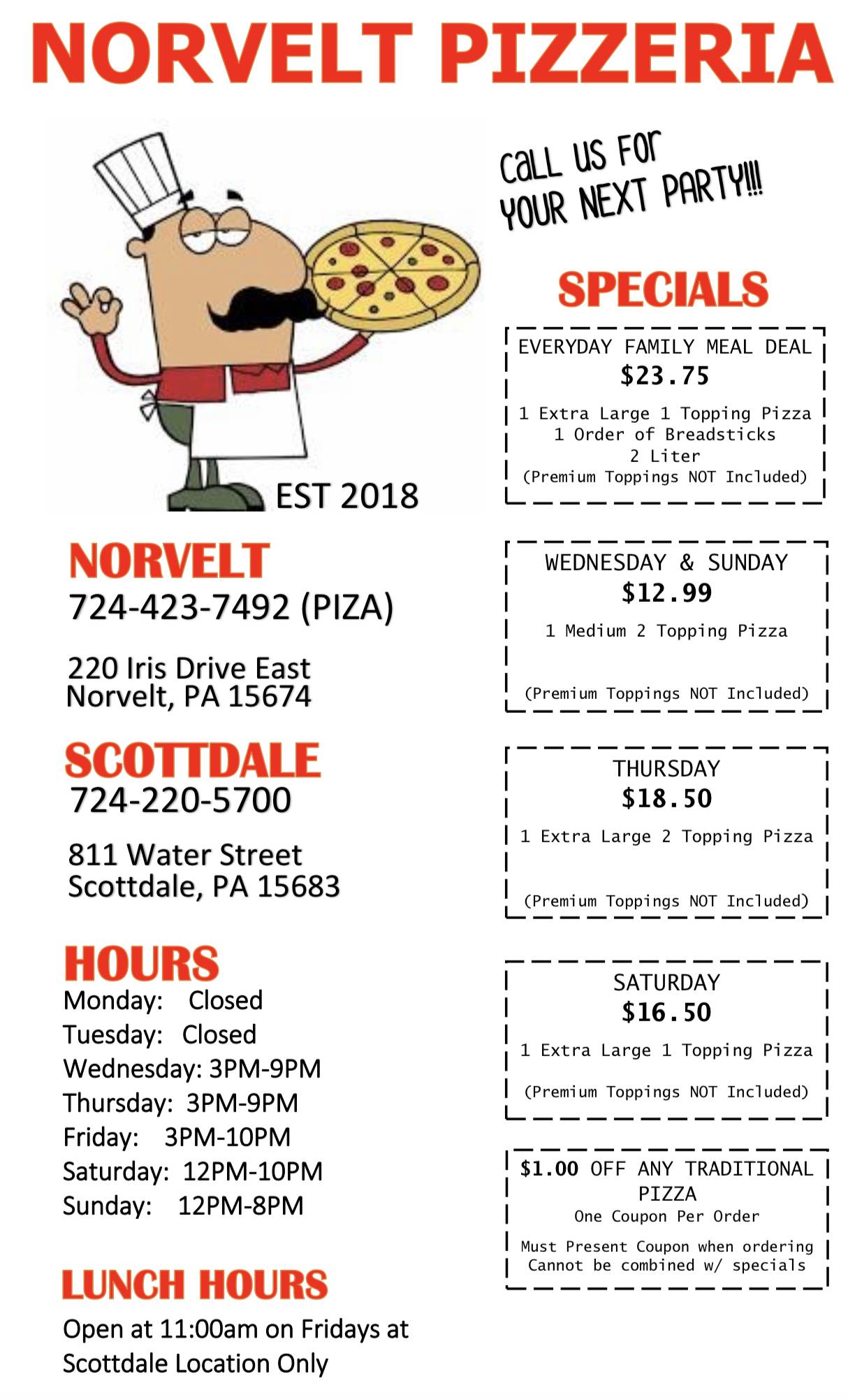 Menu at Norvelt Pizzeria, Calumet-Norvelt