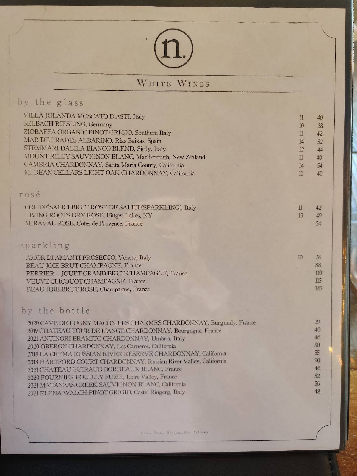 Menu at Nosh restaurant, Rochester
