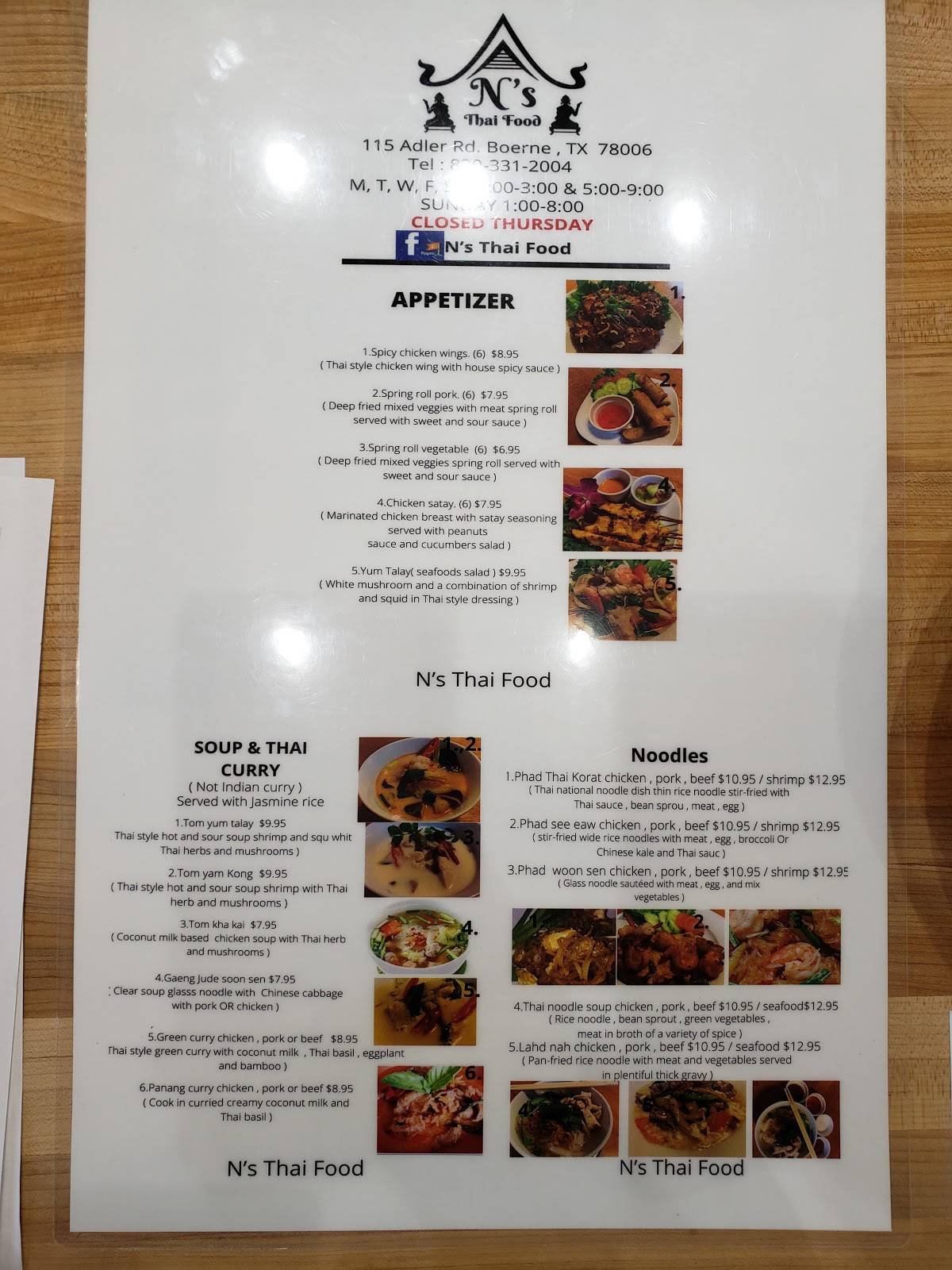 Menu at N's Thai Food restaurant, Boerne