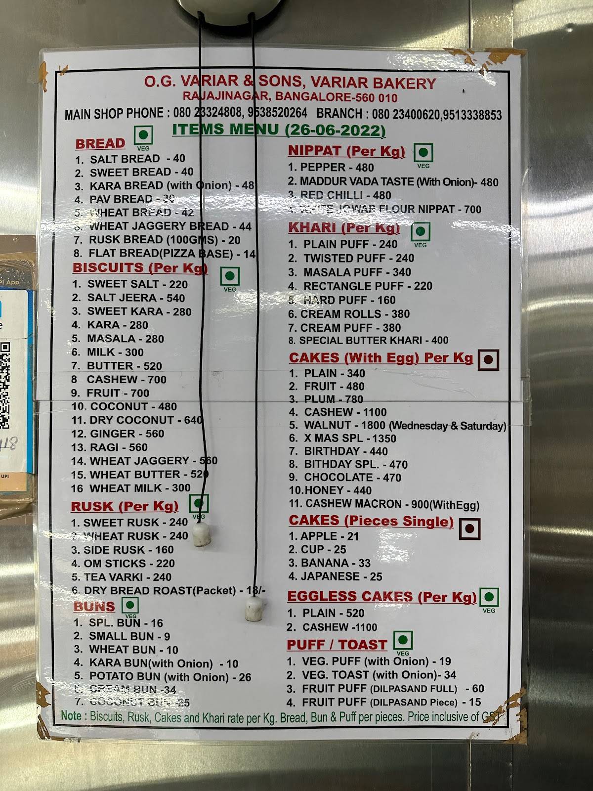 Menu at O.G. Variar and Sons, Variar Bakery, Bengaluru, 68 1'st Main Road