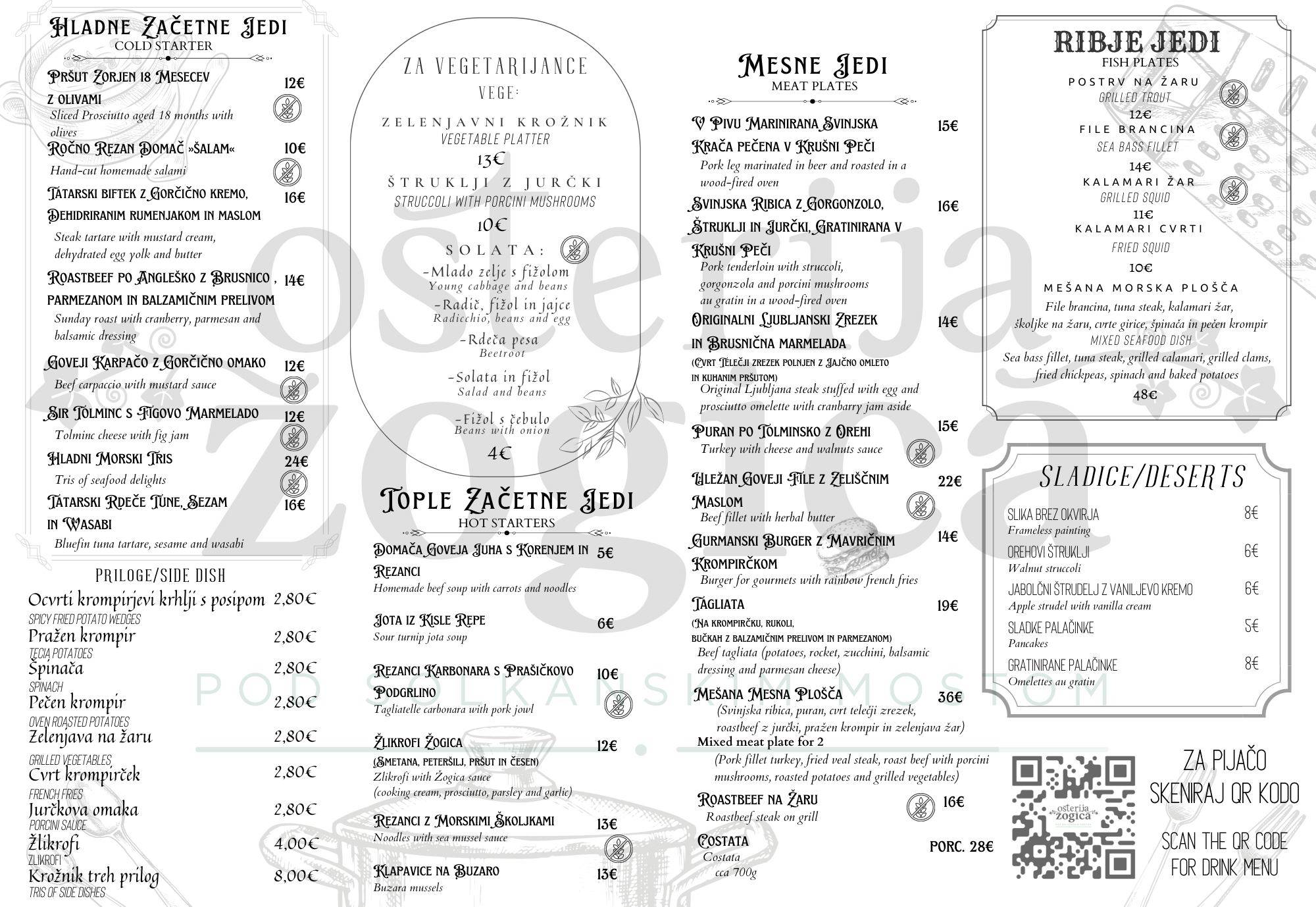 Menu at Ošterija Žogica restaurant, Solkan