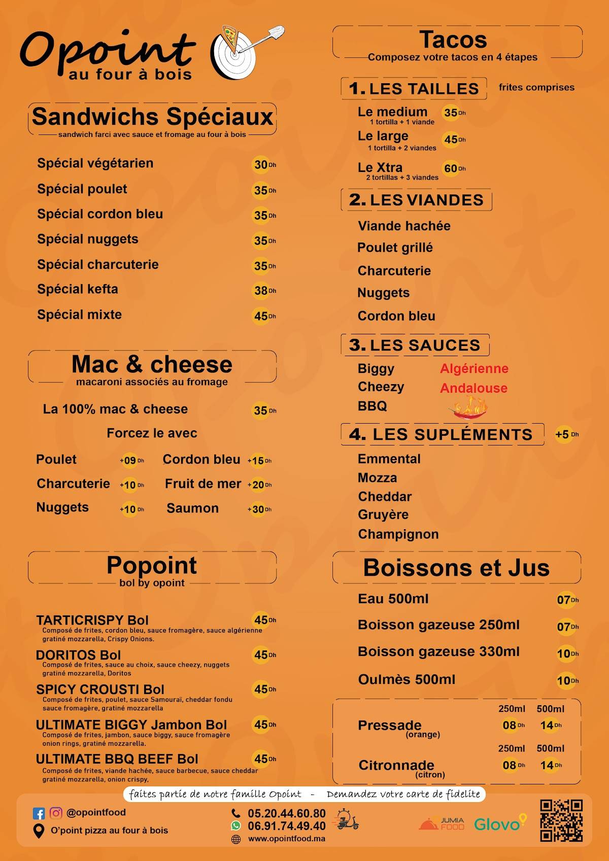 Menu au OPOINT Pizza au four à bois restaurant, Bouskoura