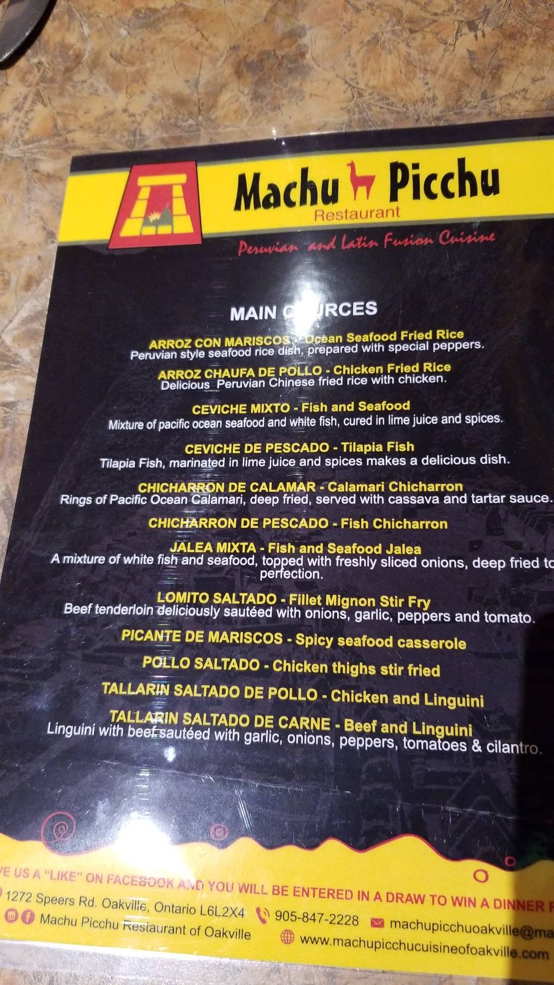 Menu at Machu Picchu Restaurant, Oakville, 649 Fourth Line