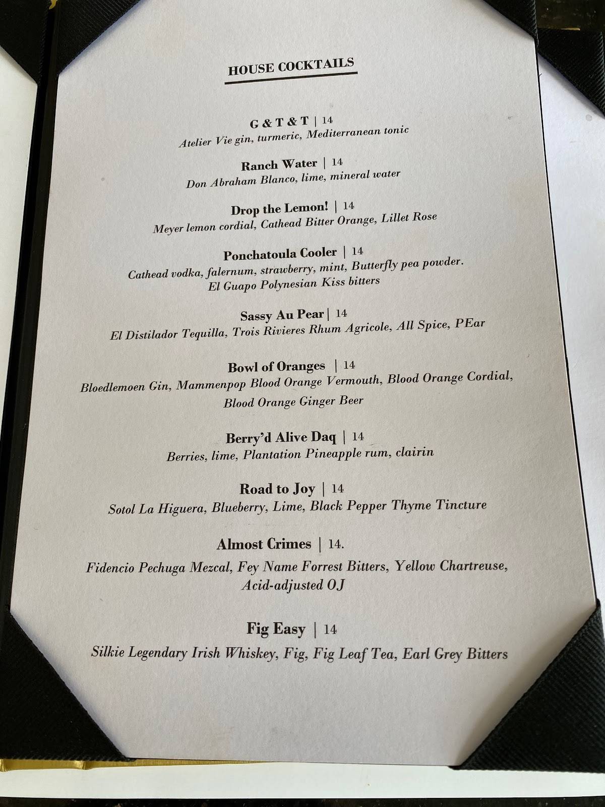 Menu at Observatory Eleven Bar, New Orleans