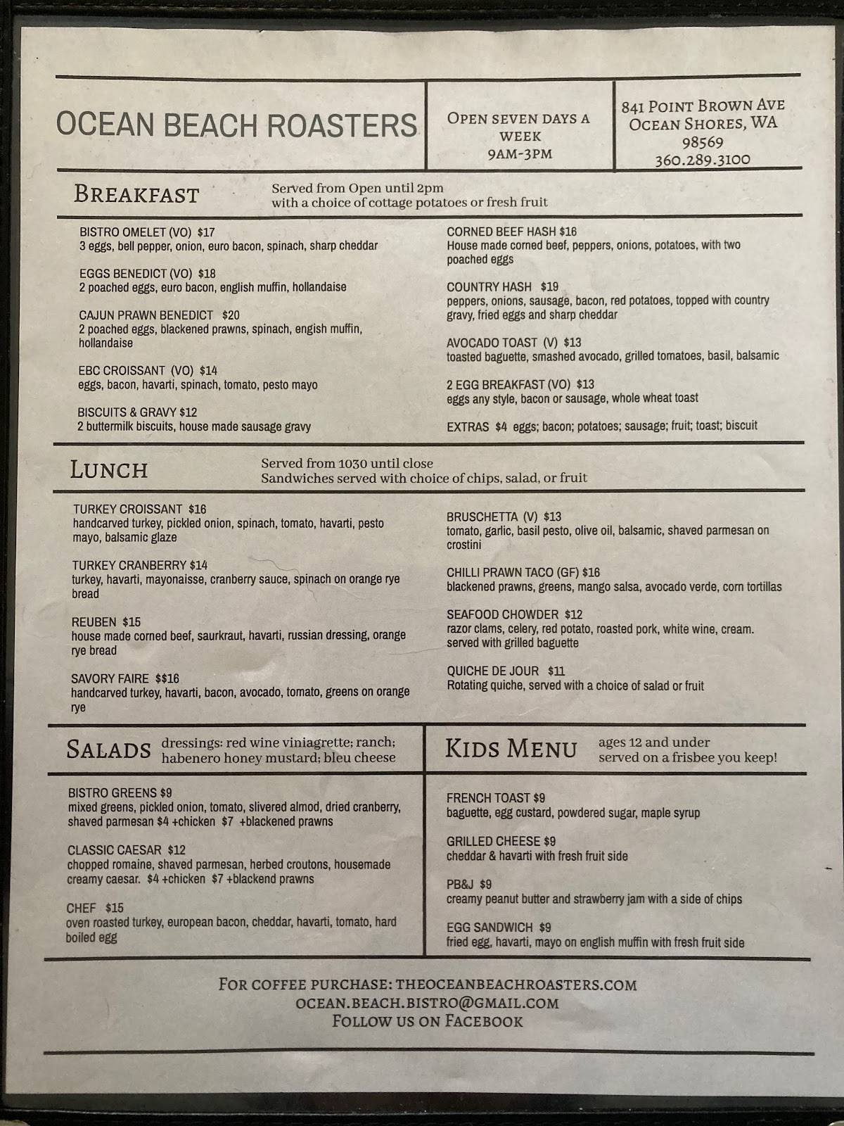 Menu at Ocean Beach Roasters pub & bar, Ocean Shores