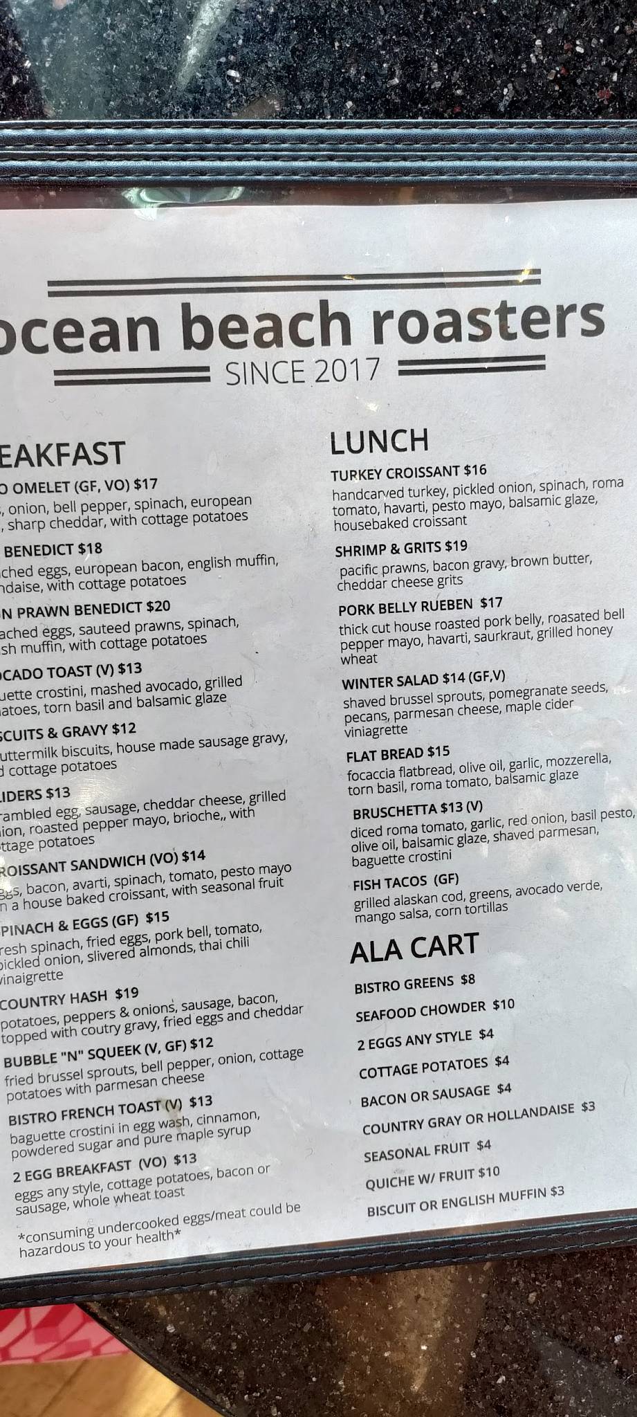 Menu at Ocean Beach Roasters pub & bar, Ocean Shores