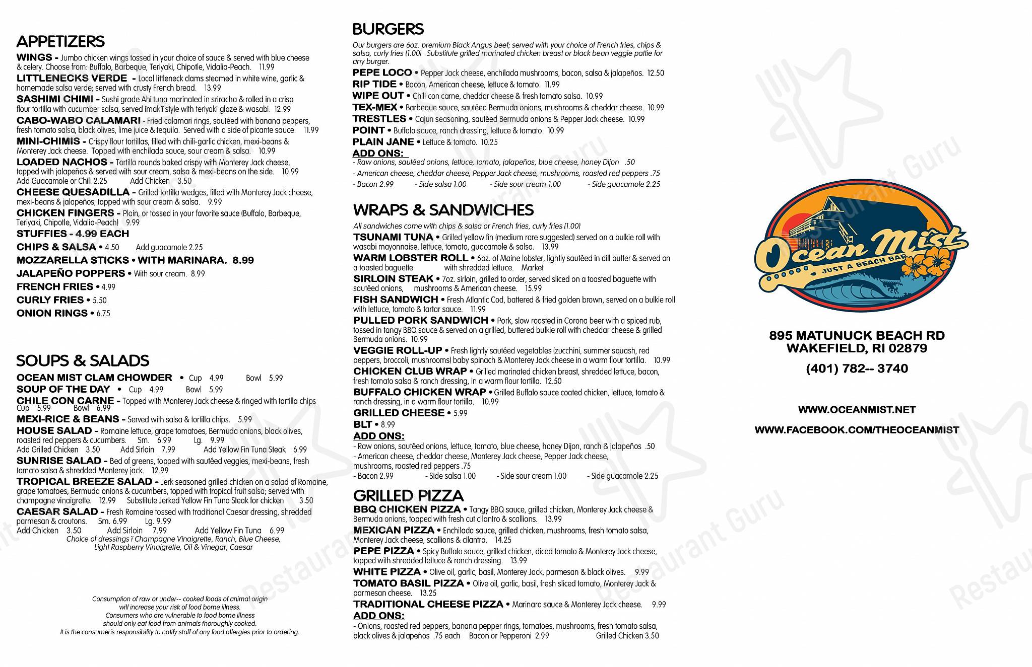 Menu at Ocean Mist pub & bar, South Kingstown
