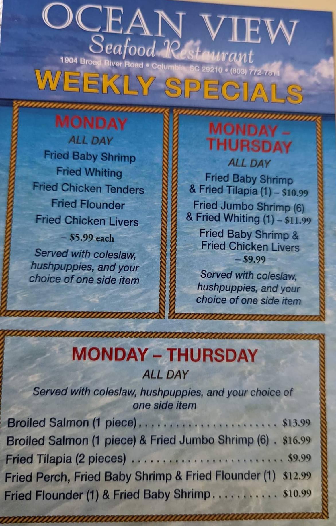 Menu at Ocean View Seafood Restaurant, Columbia, Broad River Rd