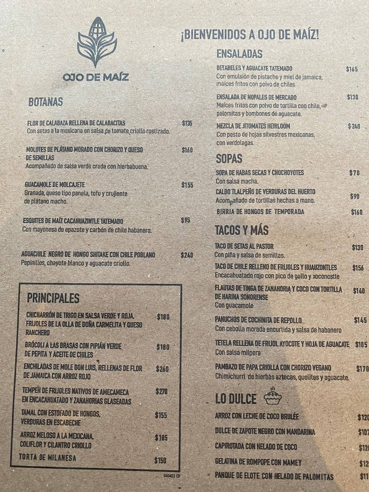Menu at Ojo de Maíz restaurant, Ciudad López Mateos, Citlaltépetl 23 F