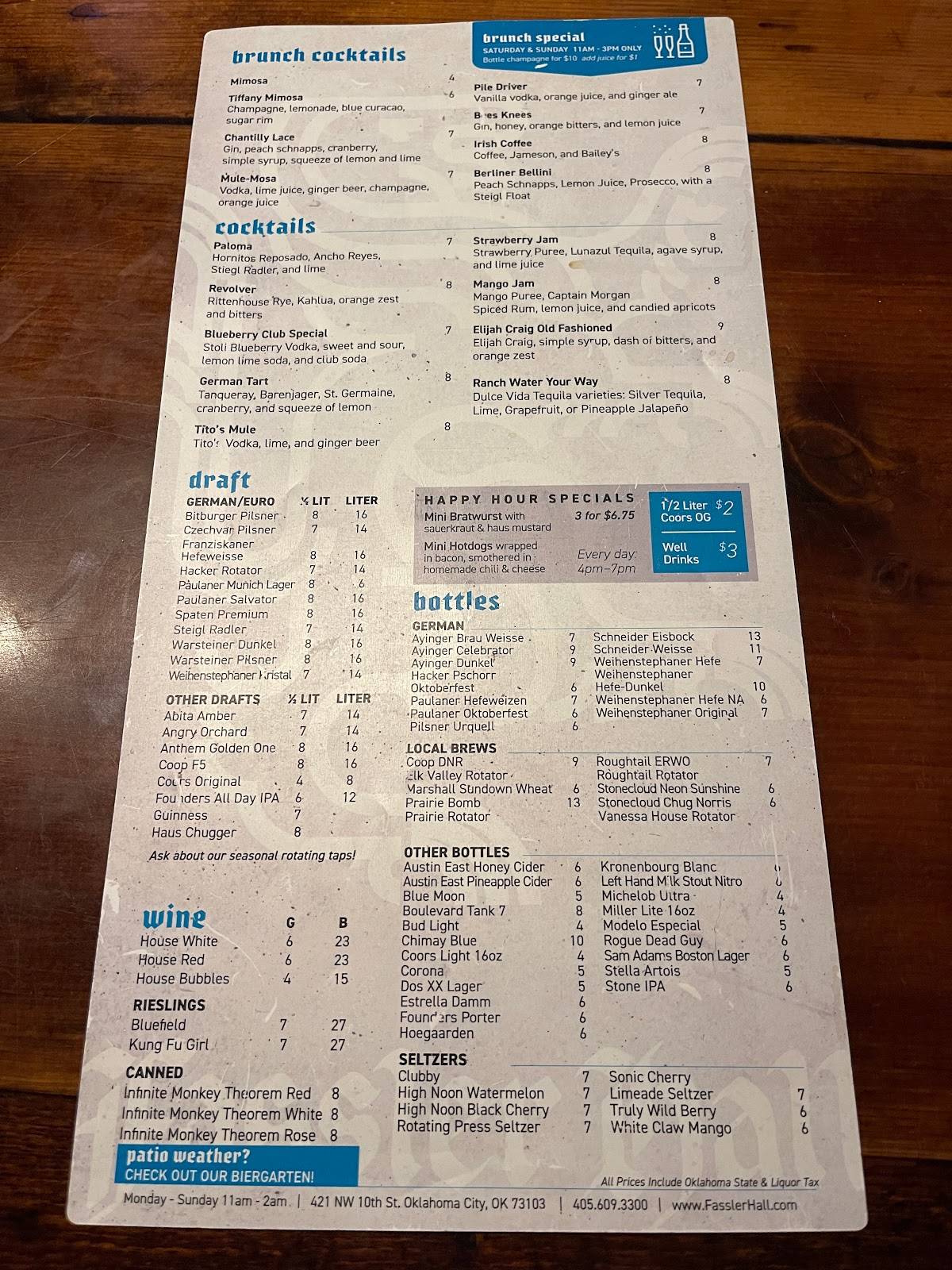 Menu at Fassler Hall pub & bar, Oklahoma City