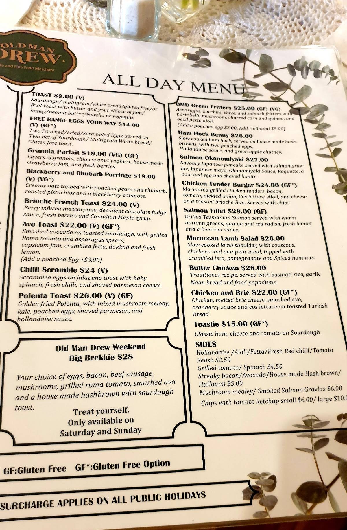 Menu at Old Man Drew cafe, Ascot Vale