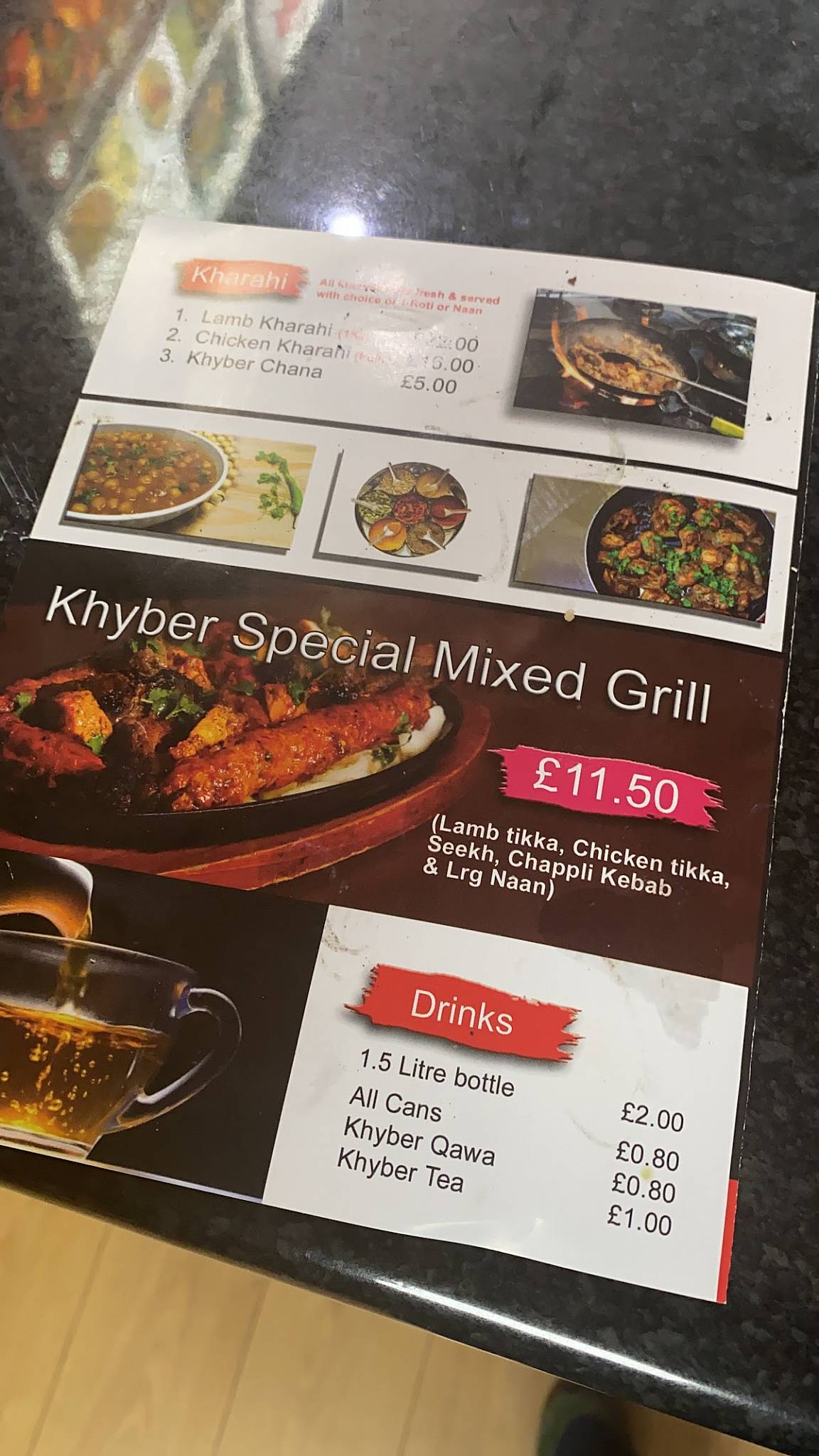 Menu at Khyber Kebabs restaurant, Oldham