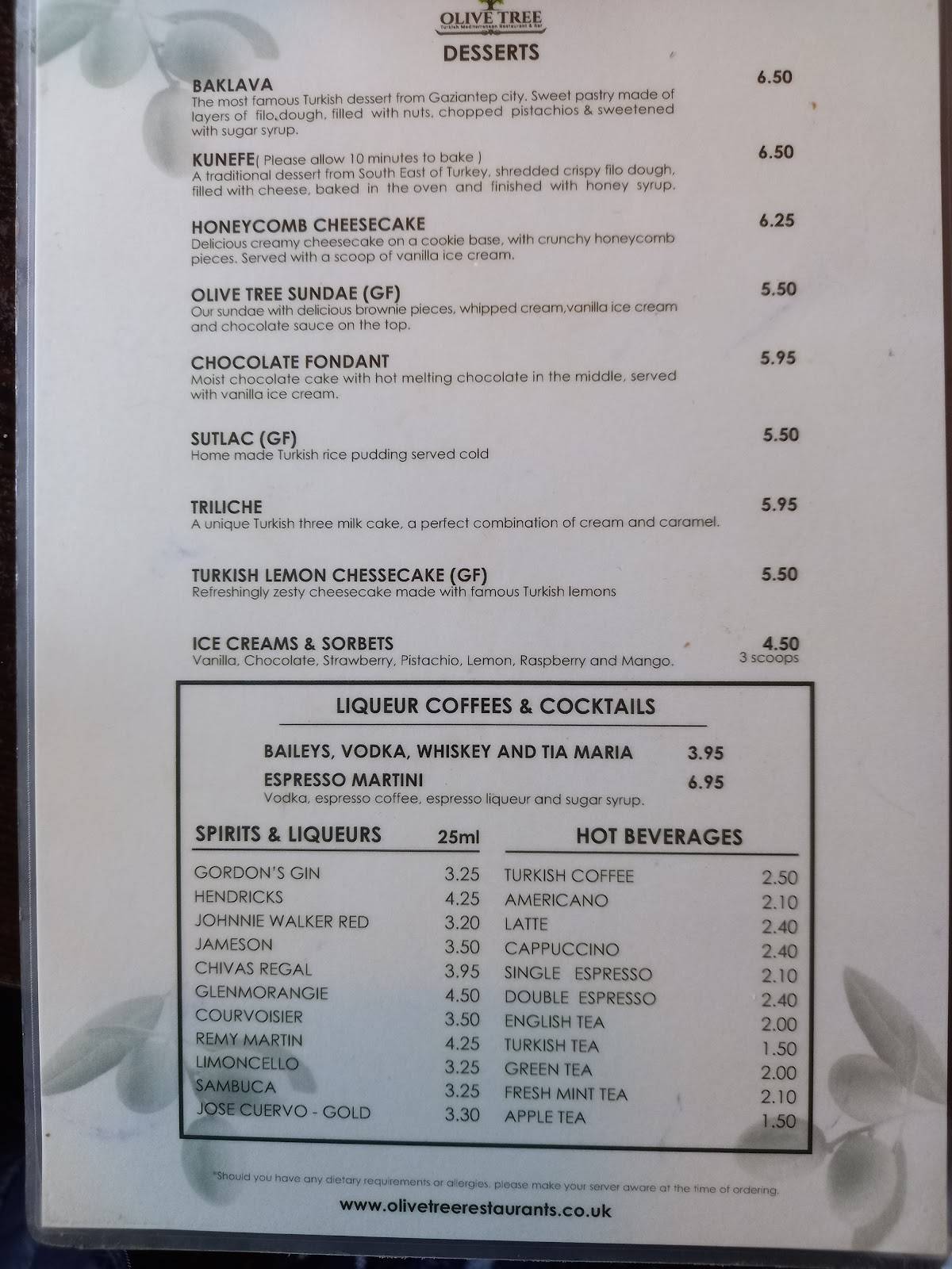 Menu at Olive Tree Turkish Mediterranean Restaurant and Bar, Milton Keynes