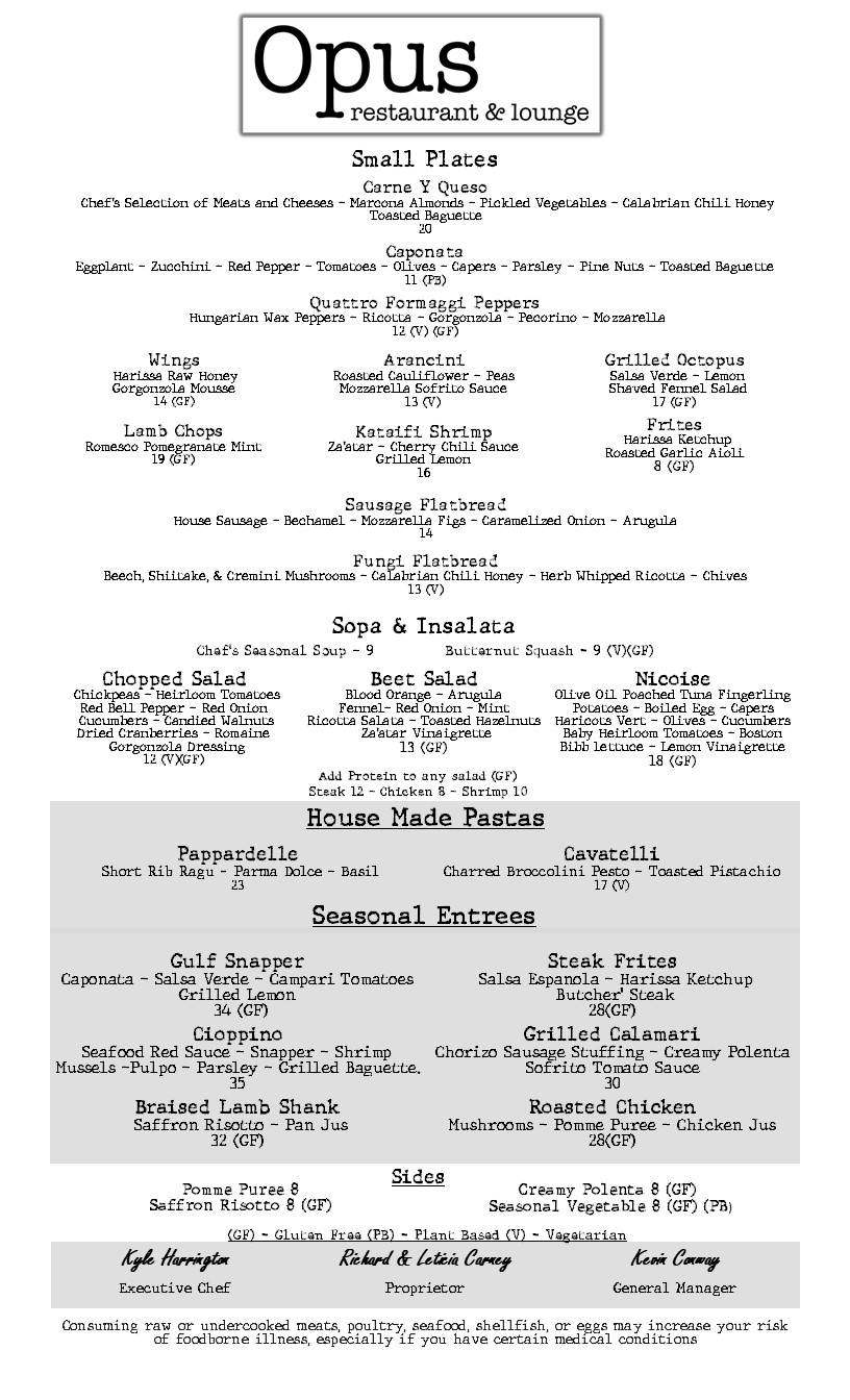 Menu at Opus Restaurant & Lounge SRQ, Sarasota