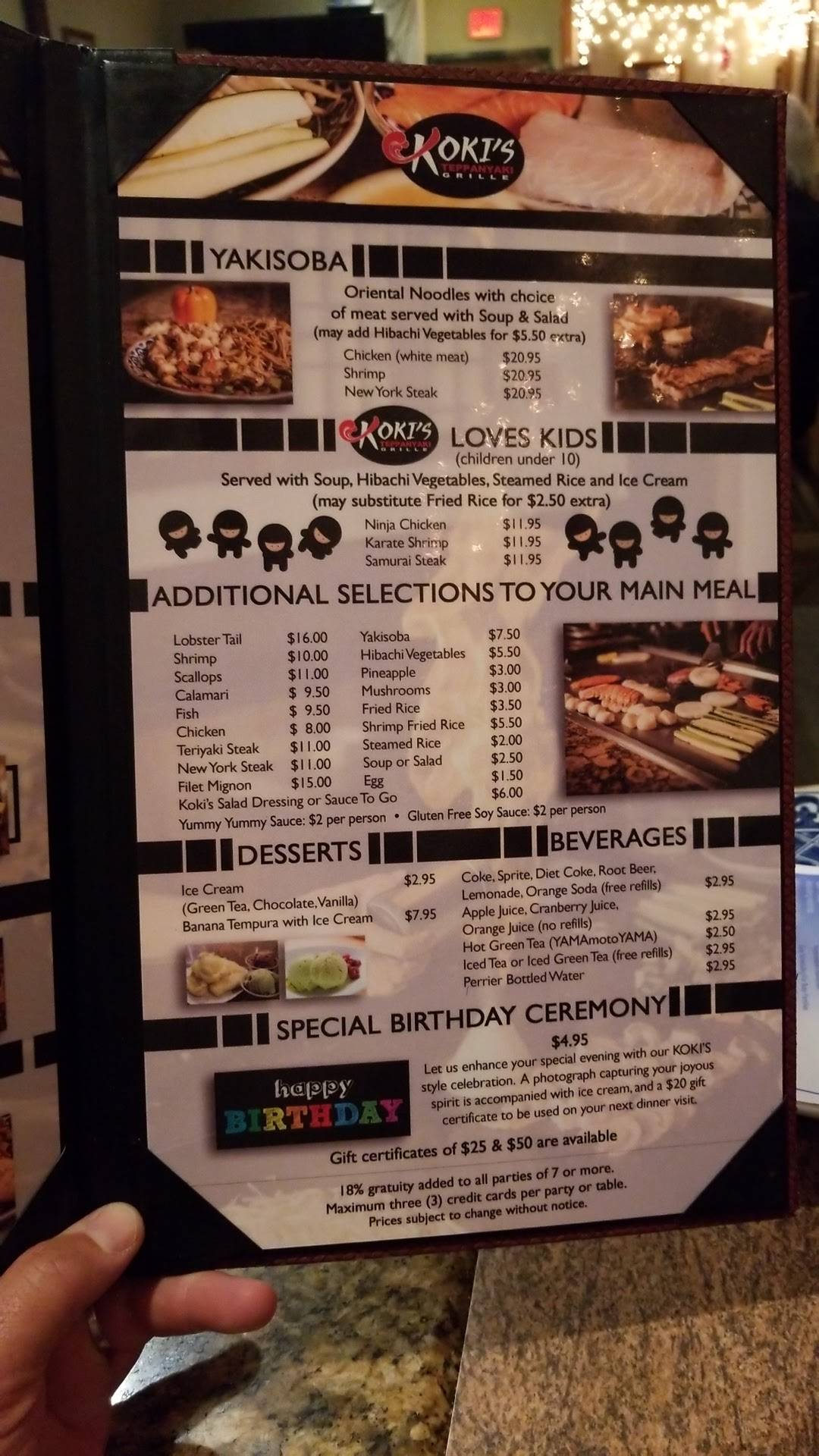 Menu at Koki's Teppanyaki Grille restaurant, Tustin