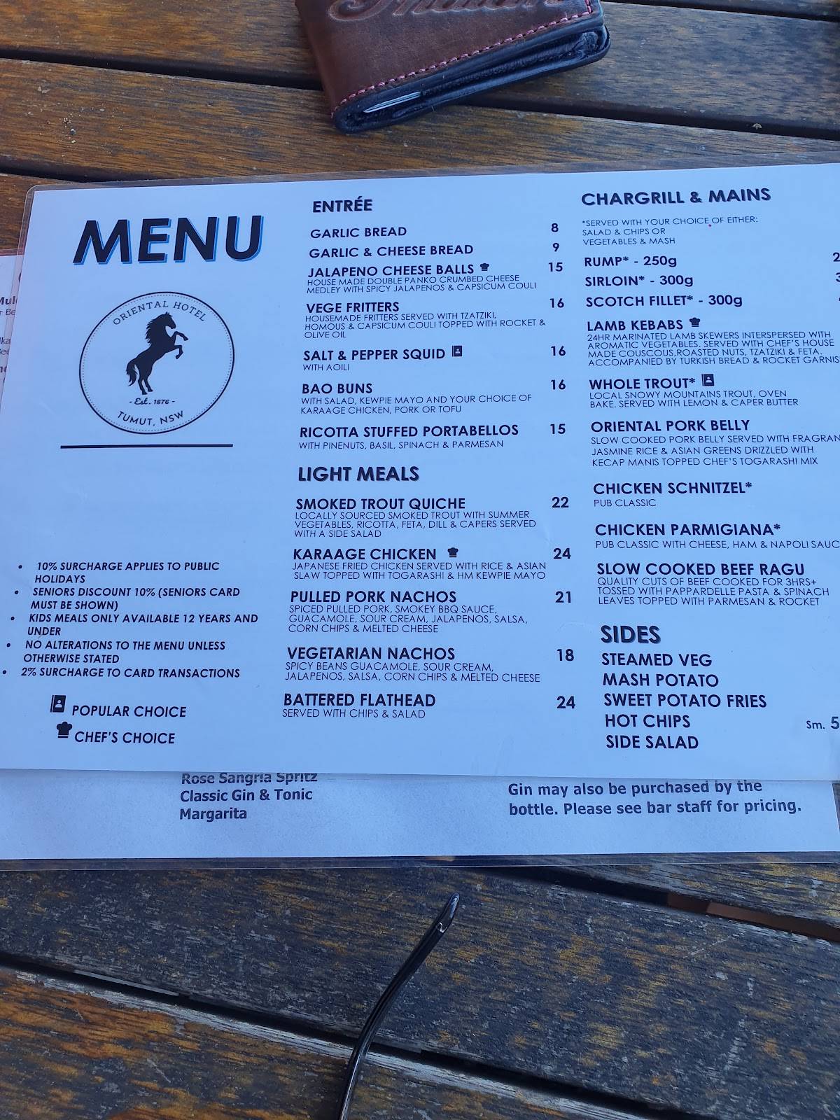 Menu at Oriental Hotel Tumut pub & bar, Tumut