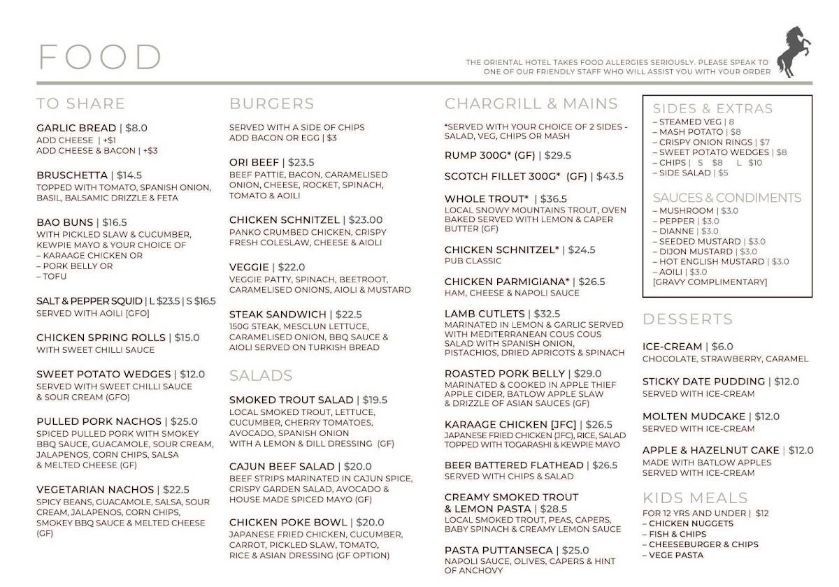 Menu at Oriental Hotel Tumut pub & bar, Tumut