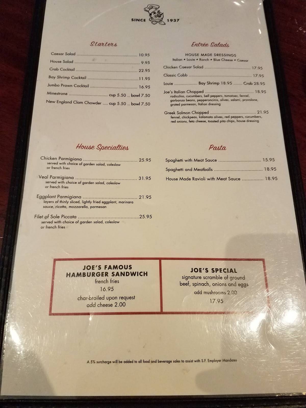 Menu at Original Joe's steakhouse, San Francisco, 601 Union St