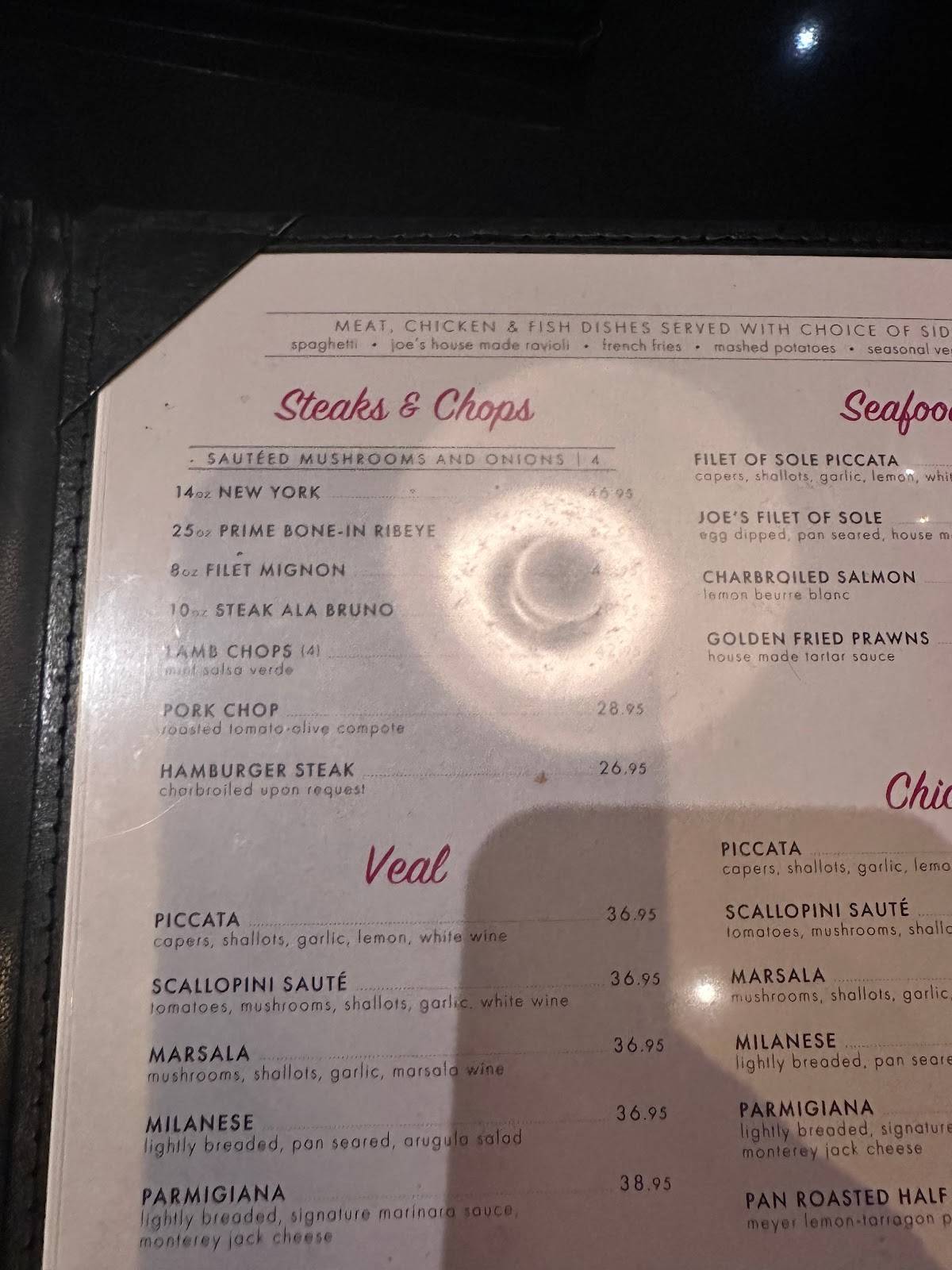 Menu at Original Joe's steakhouse, San Francisco, 601 Union St
