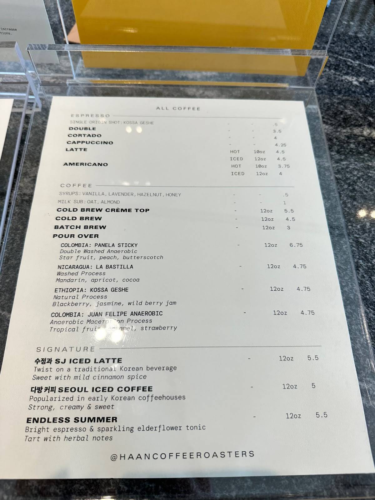Menu at Haan Coffee cafe, Orlando
