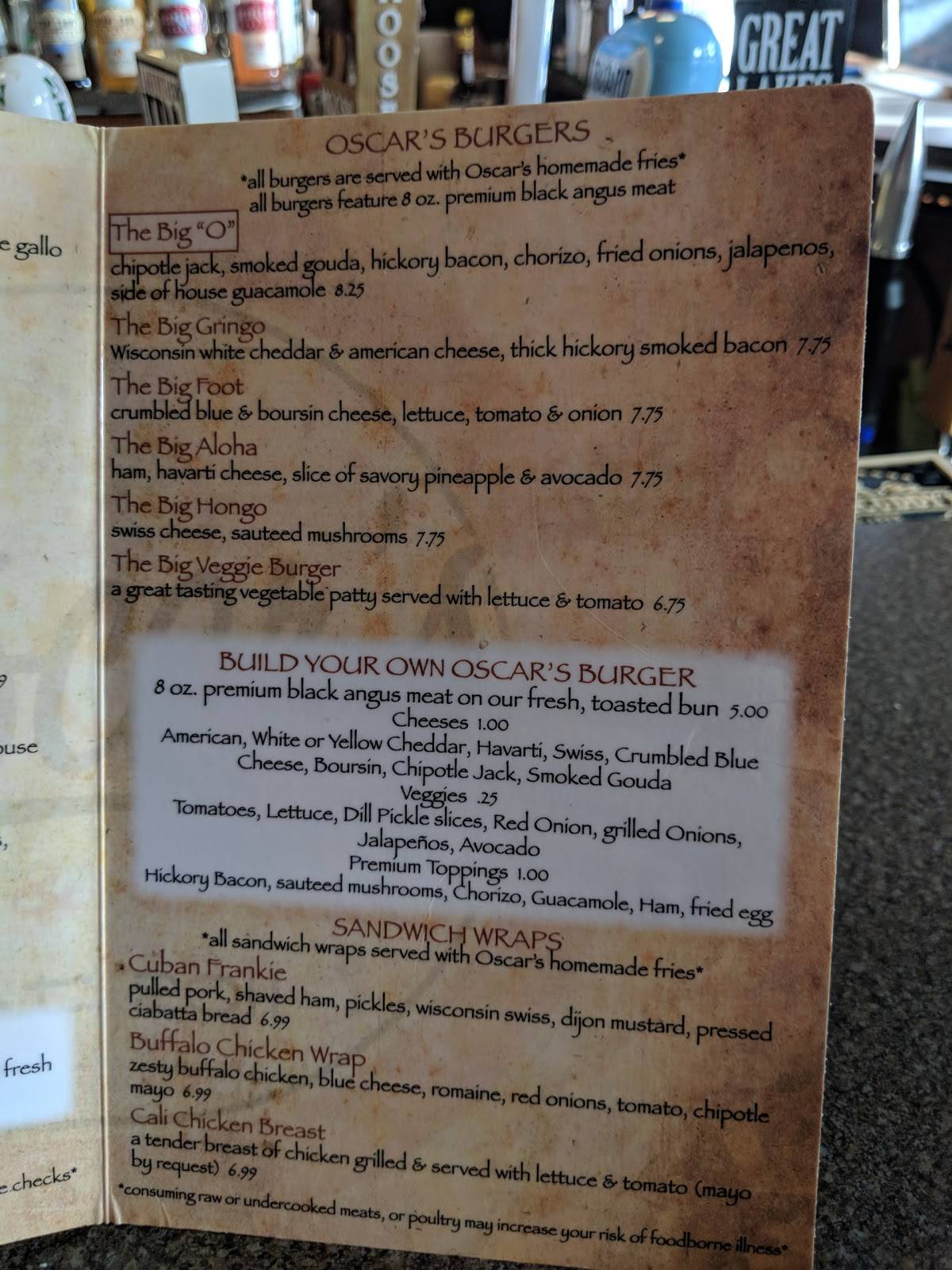 Menu at Oscar's Pub & Grill, Milwaukee