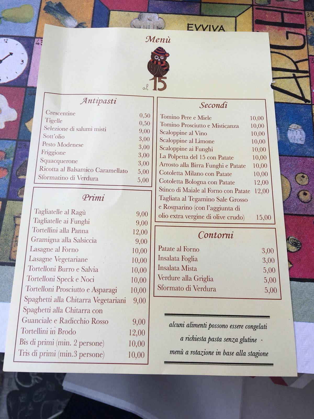 Menu at Osteria Al 15 restaurant, Bologna