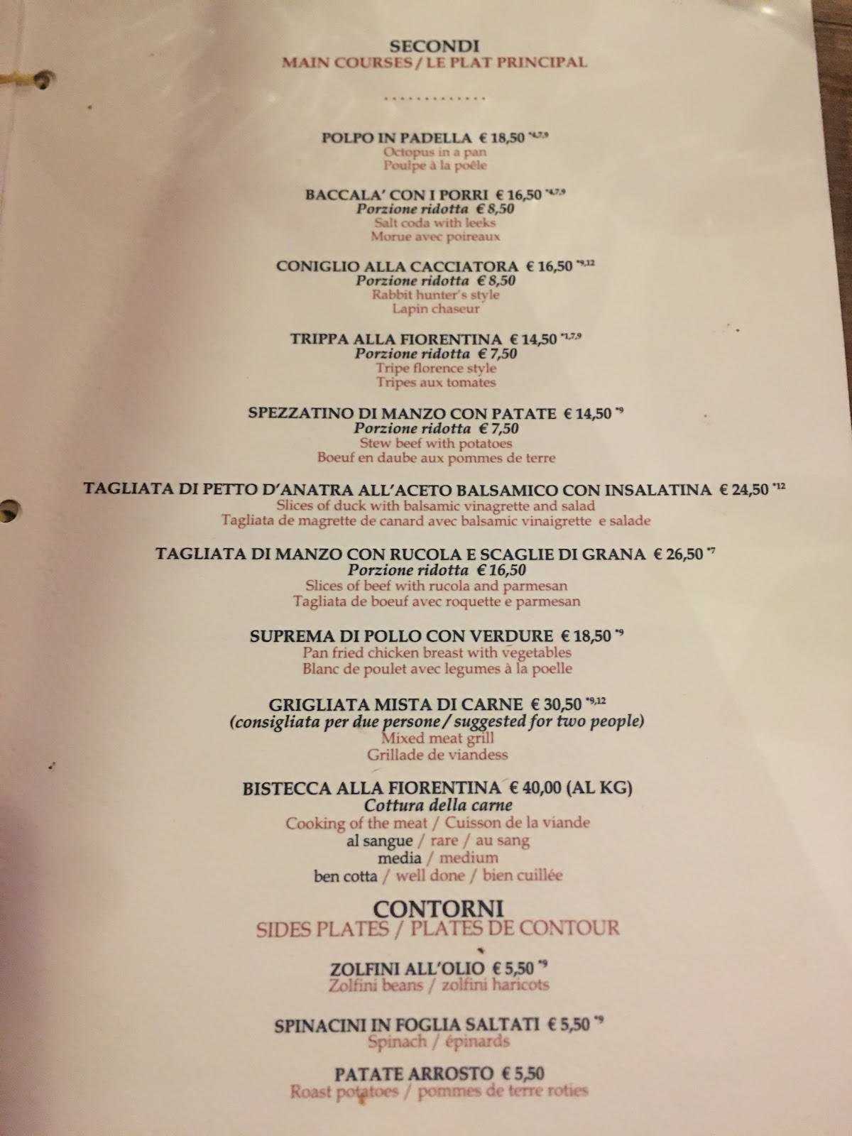 Menu at Osteria Santo Spirito restaurant, Florence, Piazza Santo Spirito