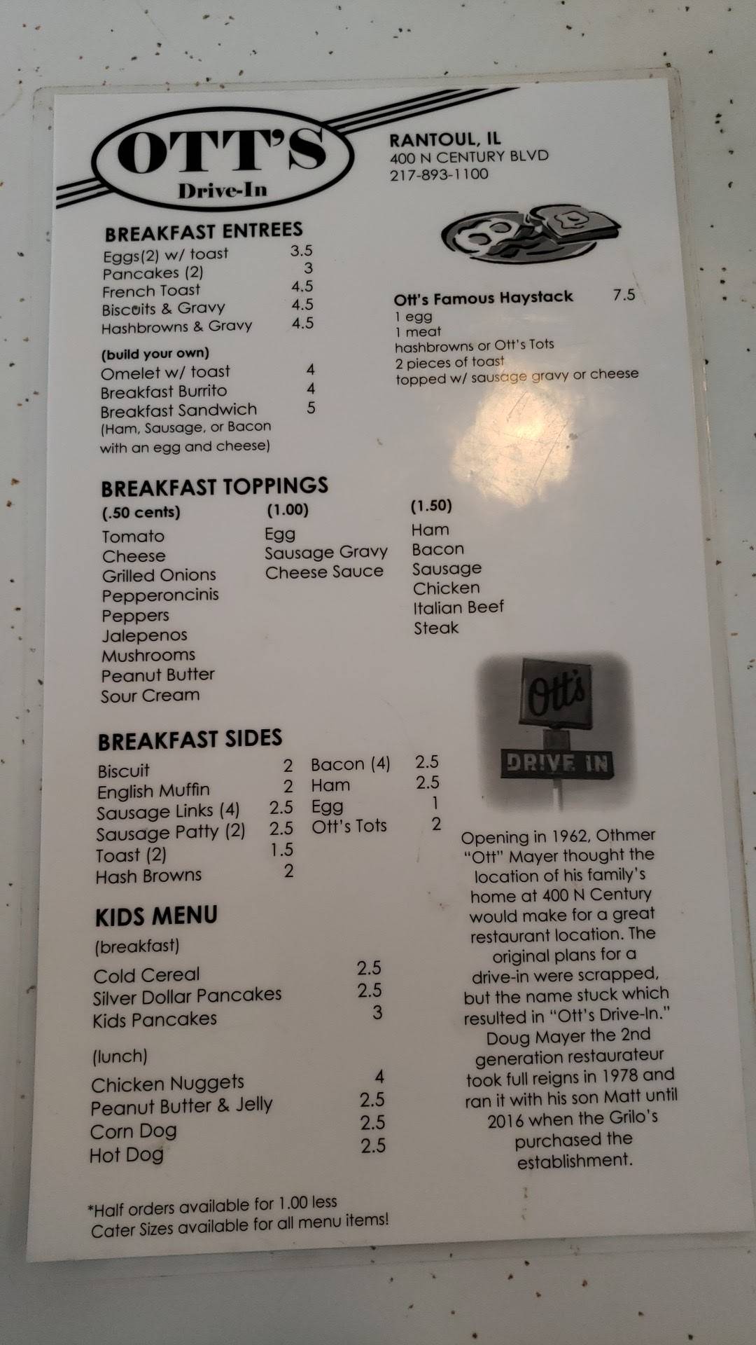 Menu at Ott's Drive In restaurant, Rantoul