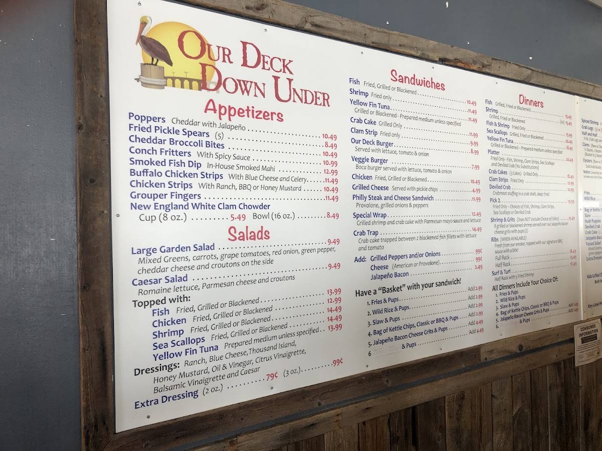 Menu at Our Deck Down Under restaurant, Port Orange
