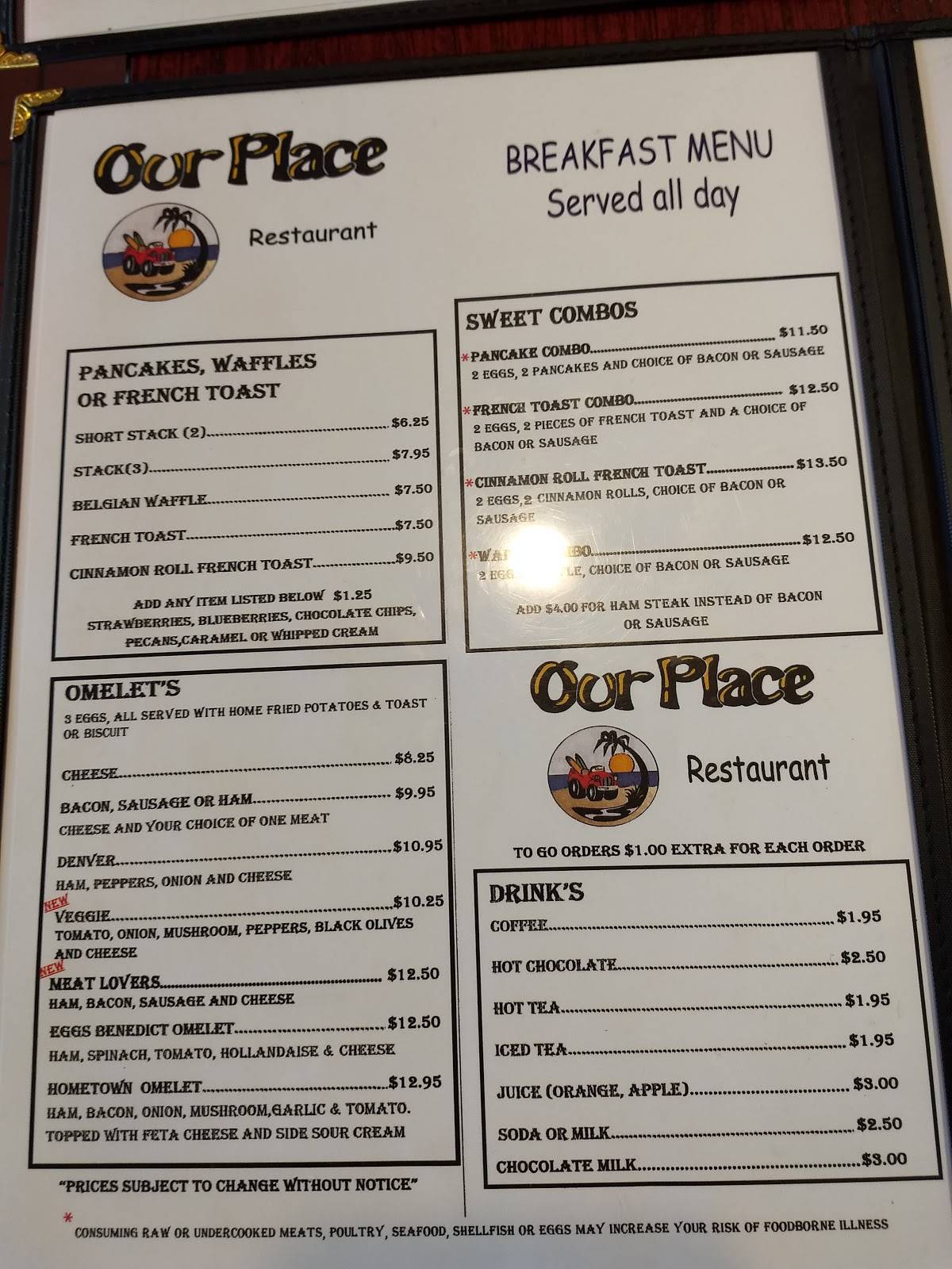 Menu at Our Place Restaurant, Ocean Shores