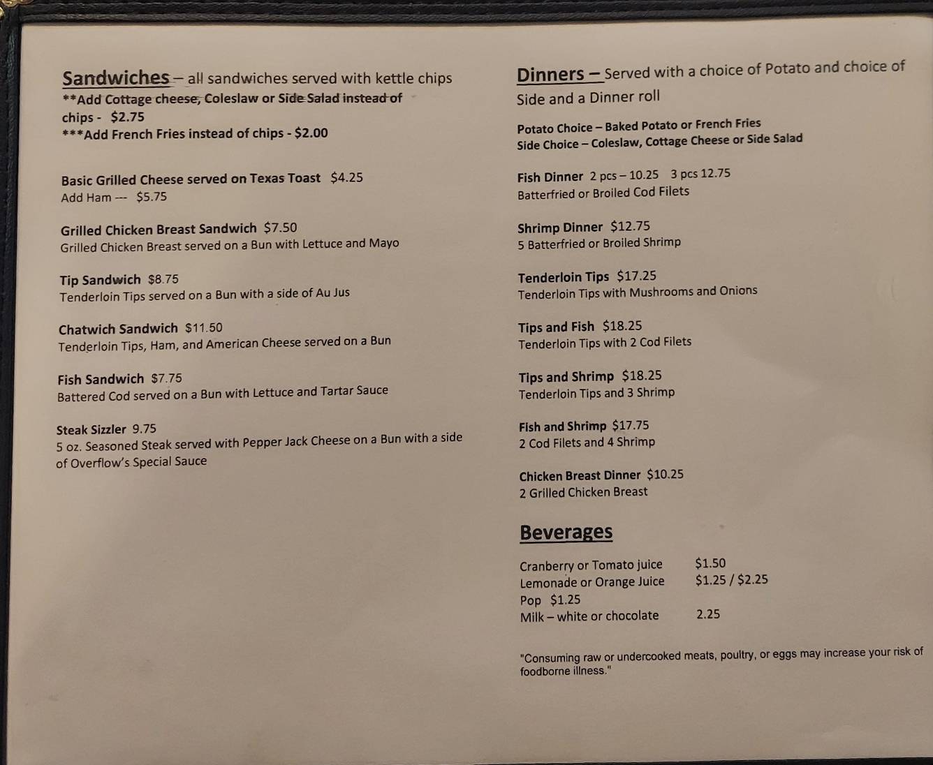 Menu at Overflow Tavern & Eatery restaurant, USA
