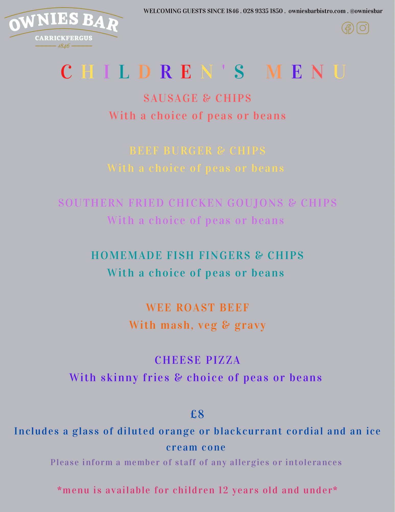 Menu at Ownies Bar and Bistro, Carrickfergus