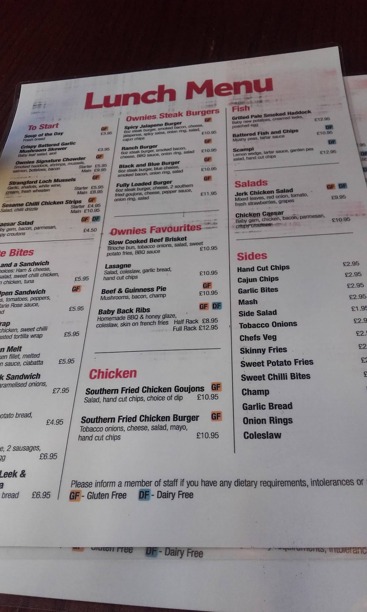 Menu at Ownies Bar and Bistro, Carrickfergus