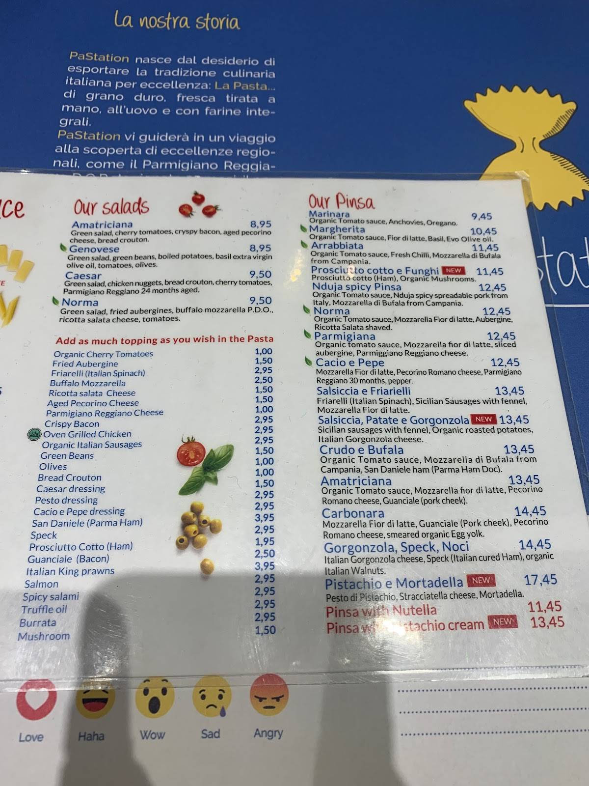 Menu at PaStation restaurant, London