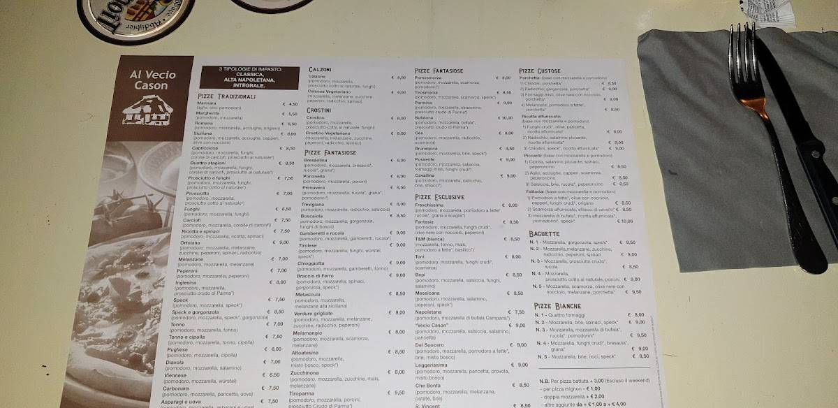 Menu da Pizzeria Al Vecio Cason, Padova