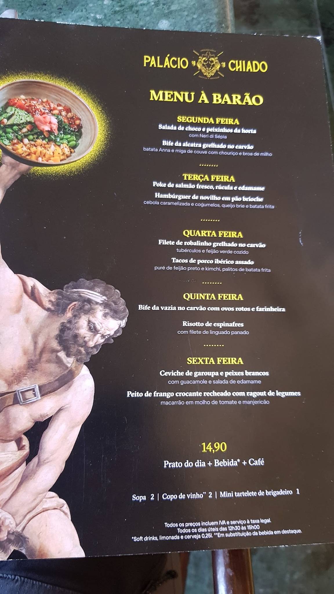 Menu at Palácio Chiado restaurant, Lisbon, R. do Alecrim 70