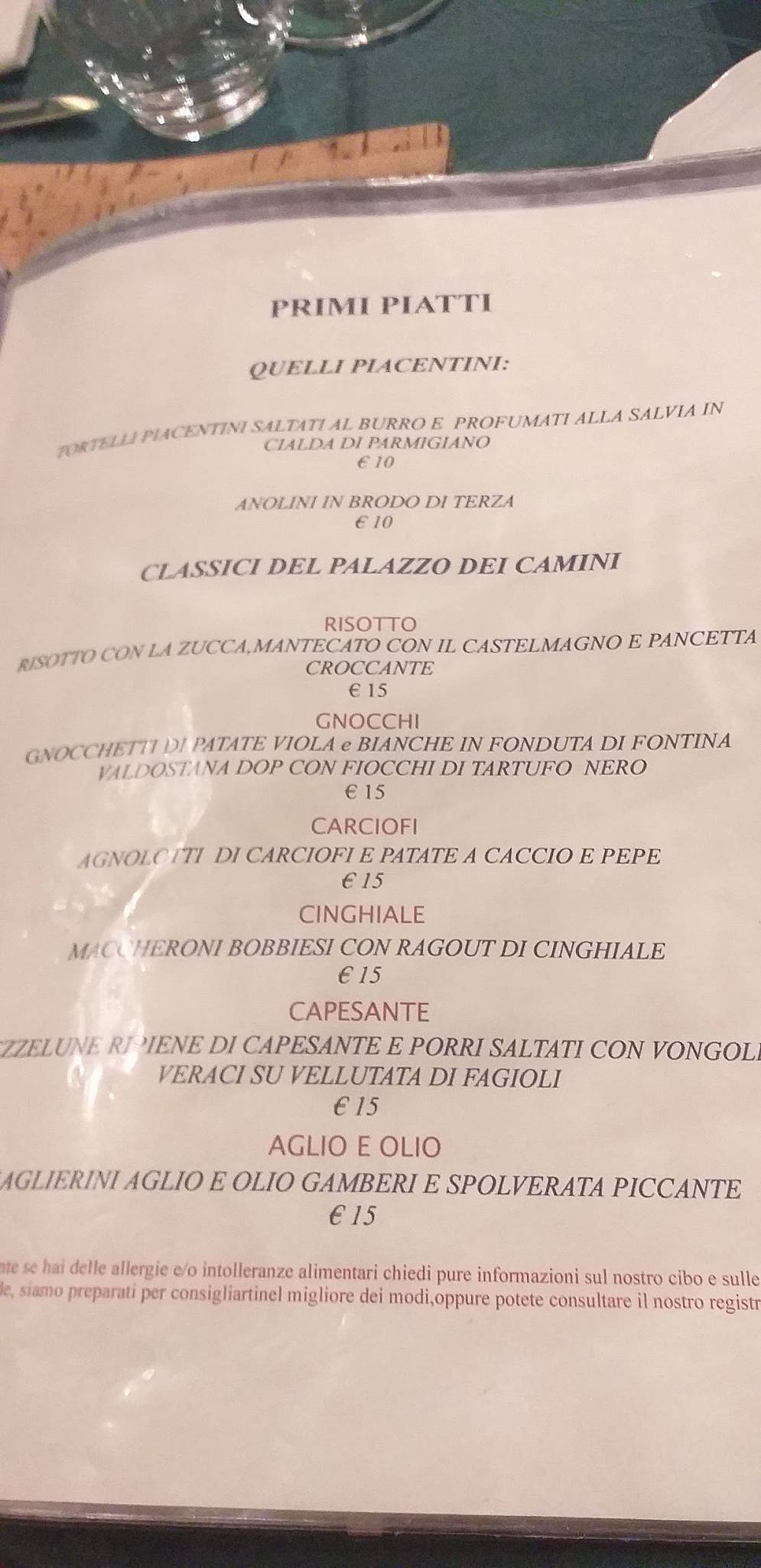 Menu da Palazzo dei Camini ristorante, Agazzano, Via del Mercato