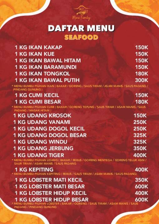 Menu at RM Mina Family restaurant, Pangandaran